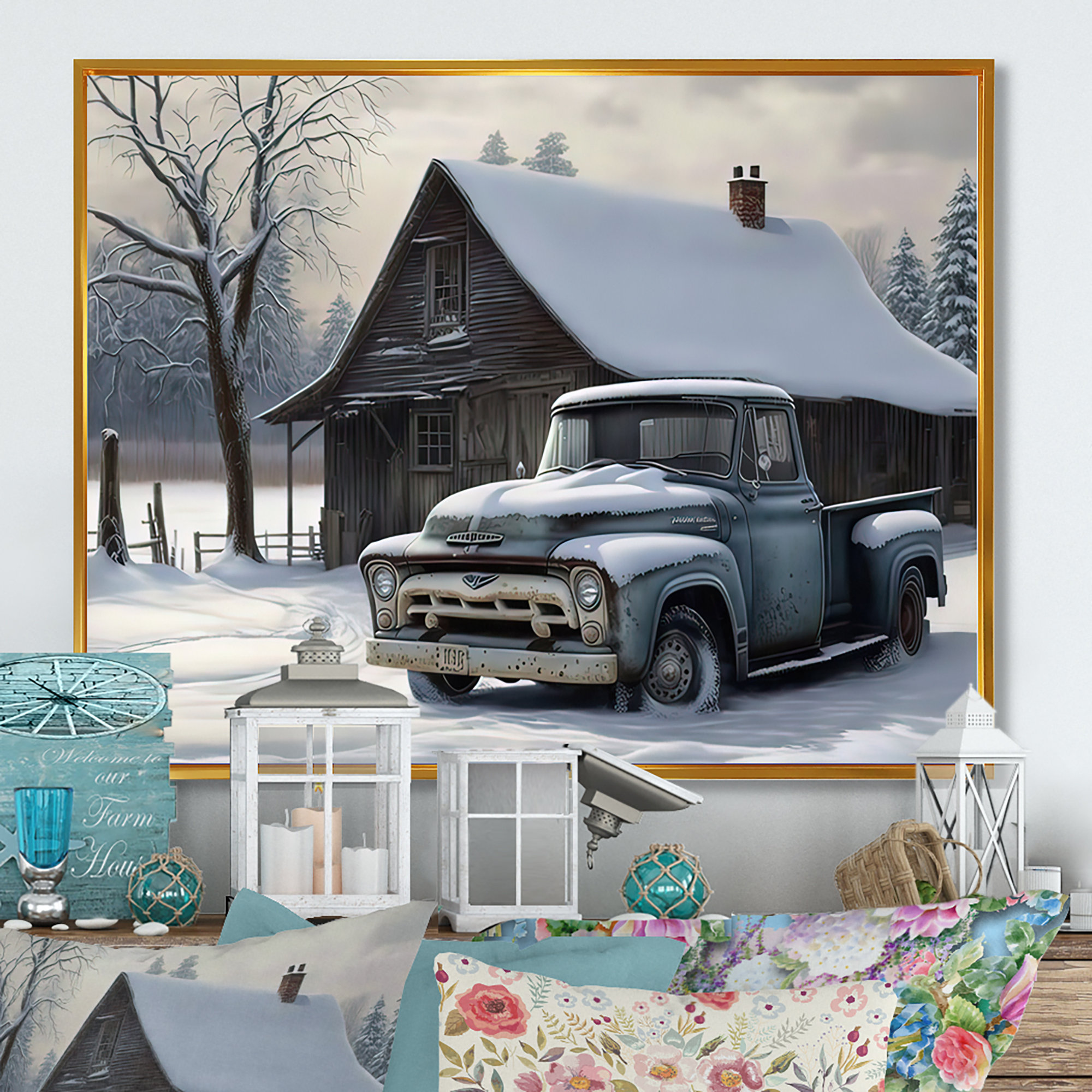 Red Barrel Studio® Old Truck At The Barn In Winter III - Painting on ...