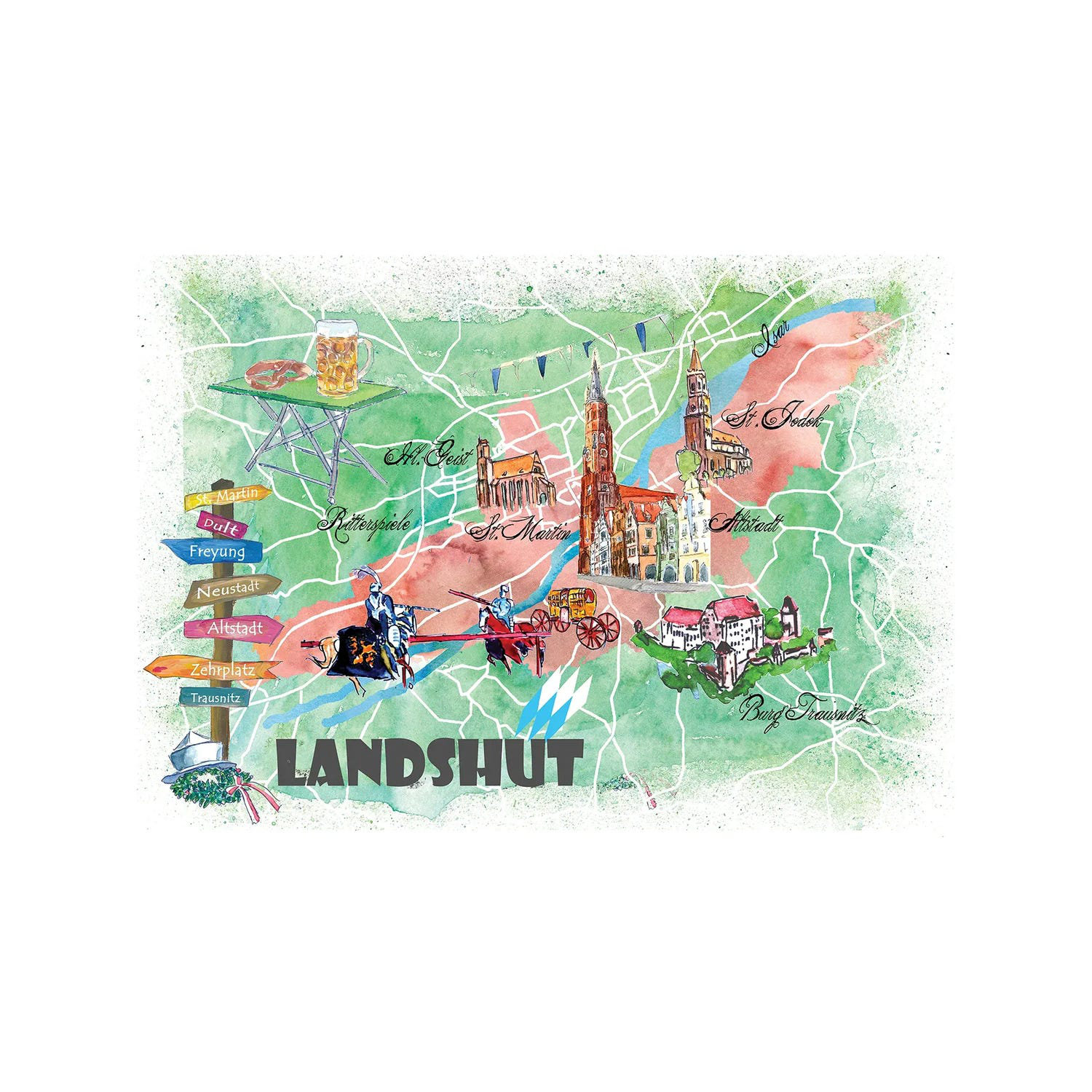 East Urban Home Landshut Bavaria Illustrated Map With Main Roads ...