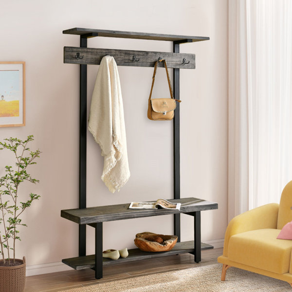 17 Stories Lyndey Pine Solid Wood Hall Tree with Bench and Shoe Storage ...