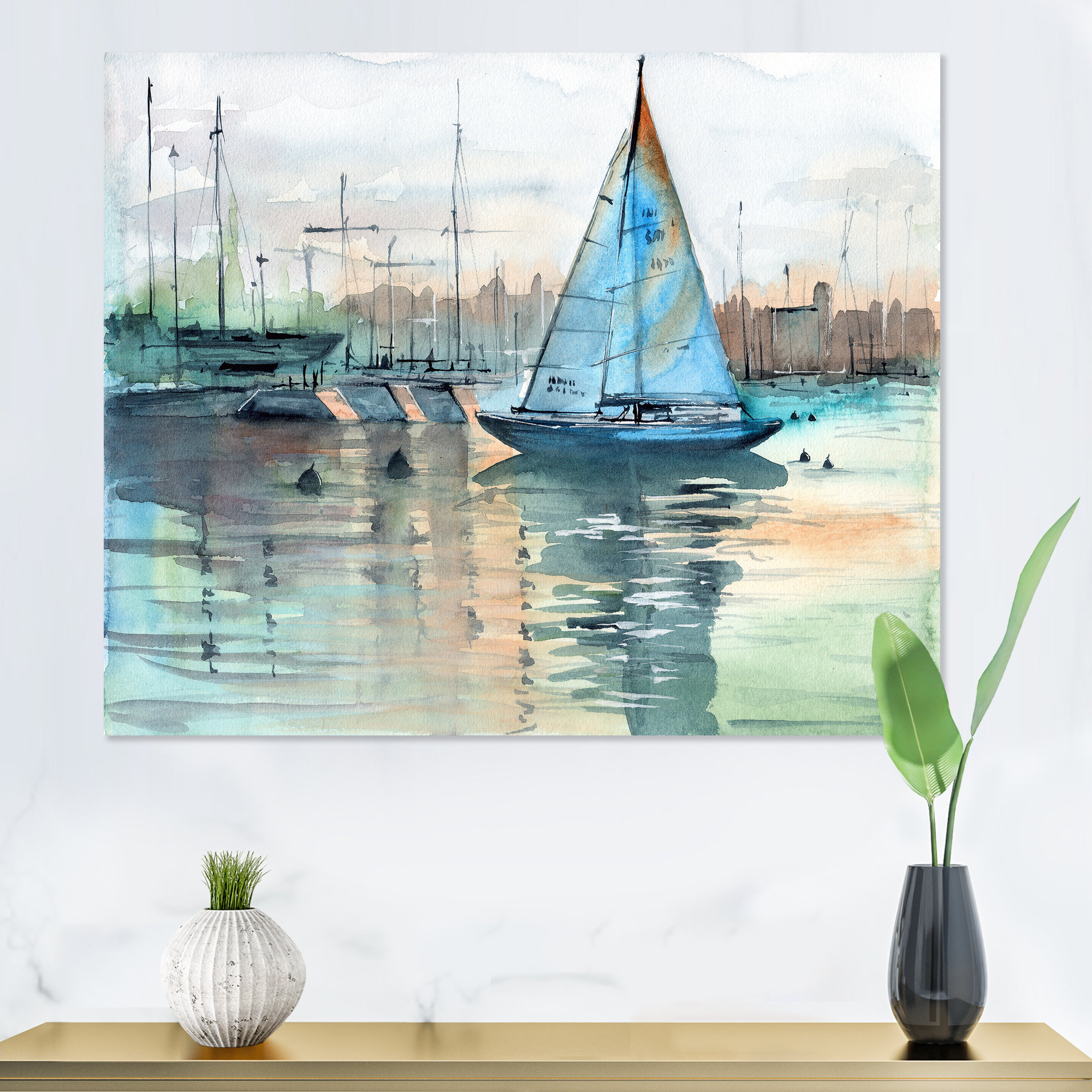 East Urban Home A Sailboat In A Marina With Some Yachts - Painting on ...