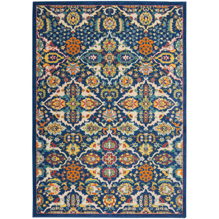 Bungalow Rose Whiteley Performance Navy Blue/Yellow/White Rug & Reviews ...