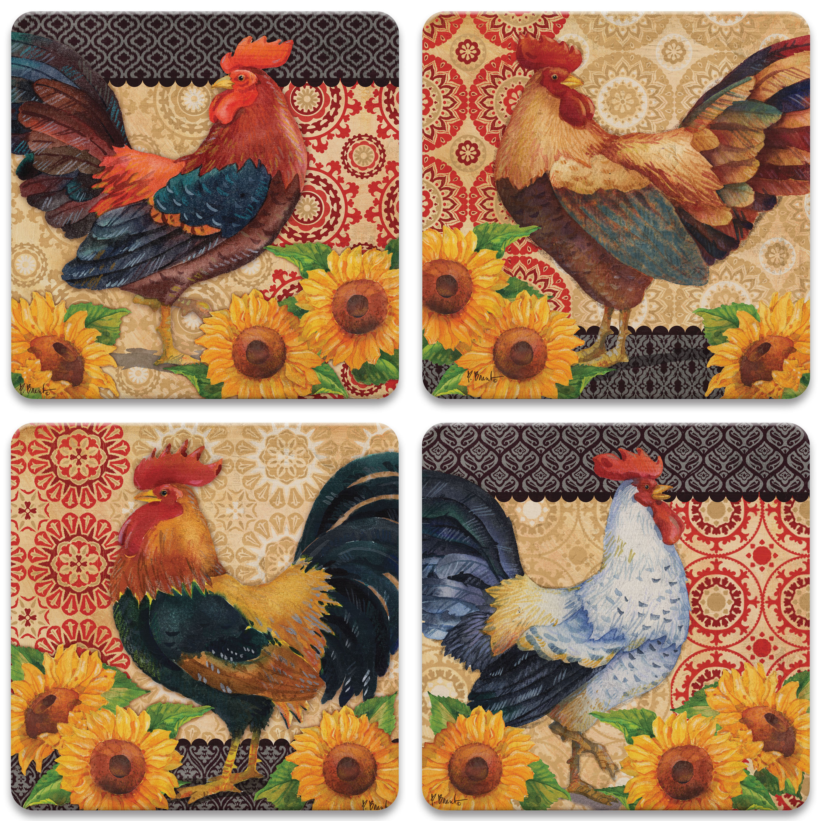 August Grove® Roosters and Sunflowers Coaster | Wayfair