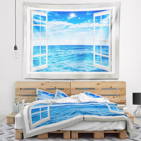 Bless international Seashore Window Open to Blue Wavy Ocean Tapestry ...
