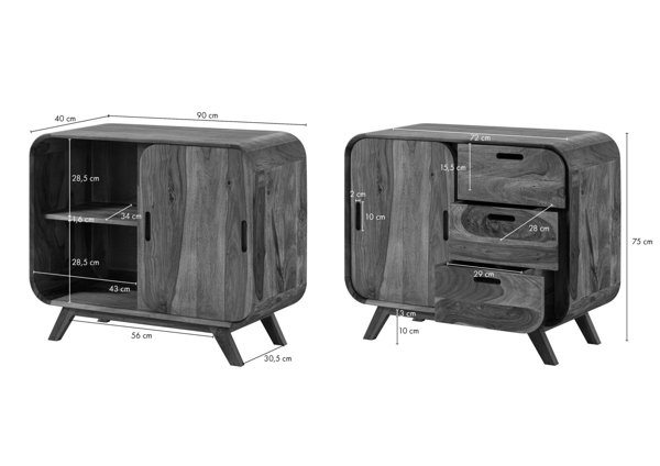 Massivmoebel24 90cm Wide 3 Drawer Sheesham Solid Wood Sideboard ...