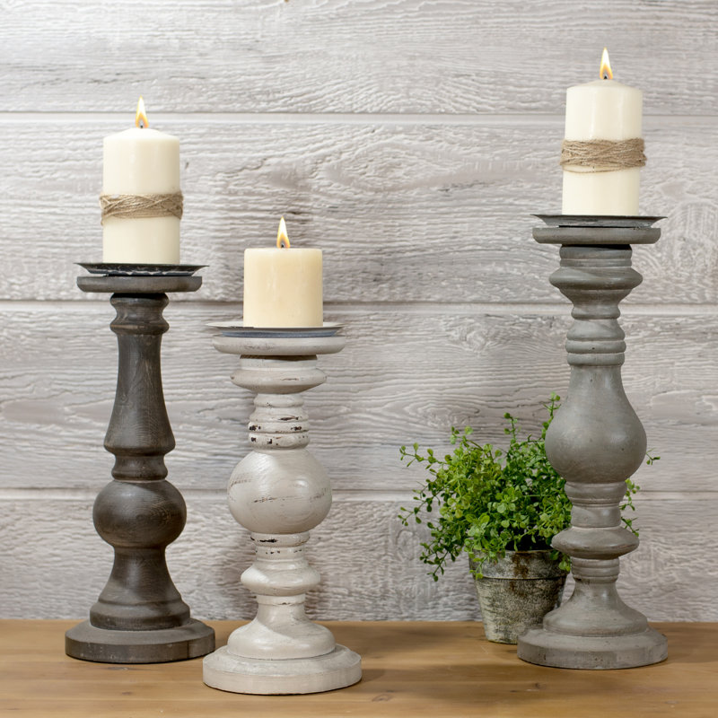 Gracie Oaks 3 Piece Vintage Tall Wood Candlestick Set & Reviews | Wayfair