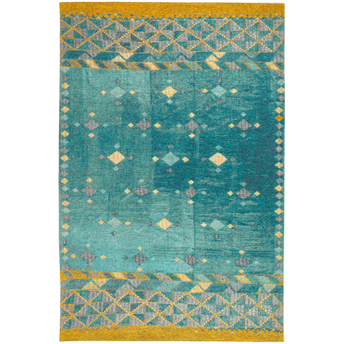 World Menagerie Episkopi Flatweave Performance Turquoise/Yellow Rug ...