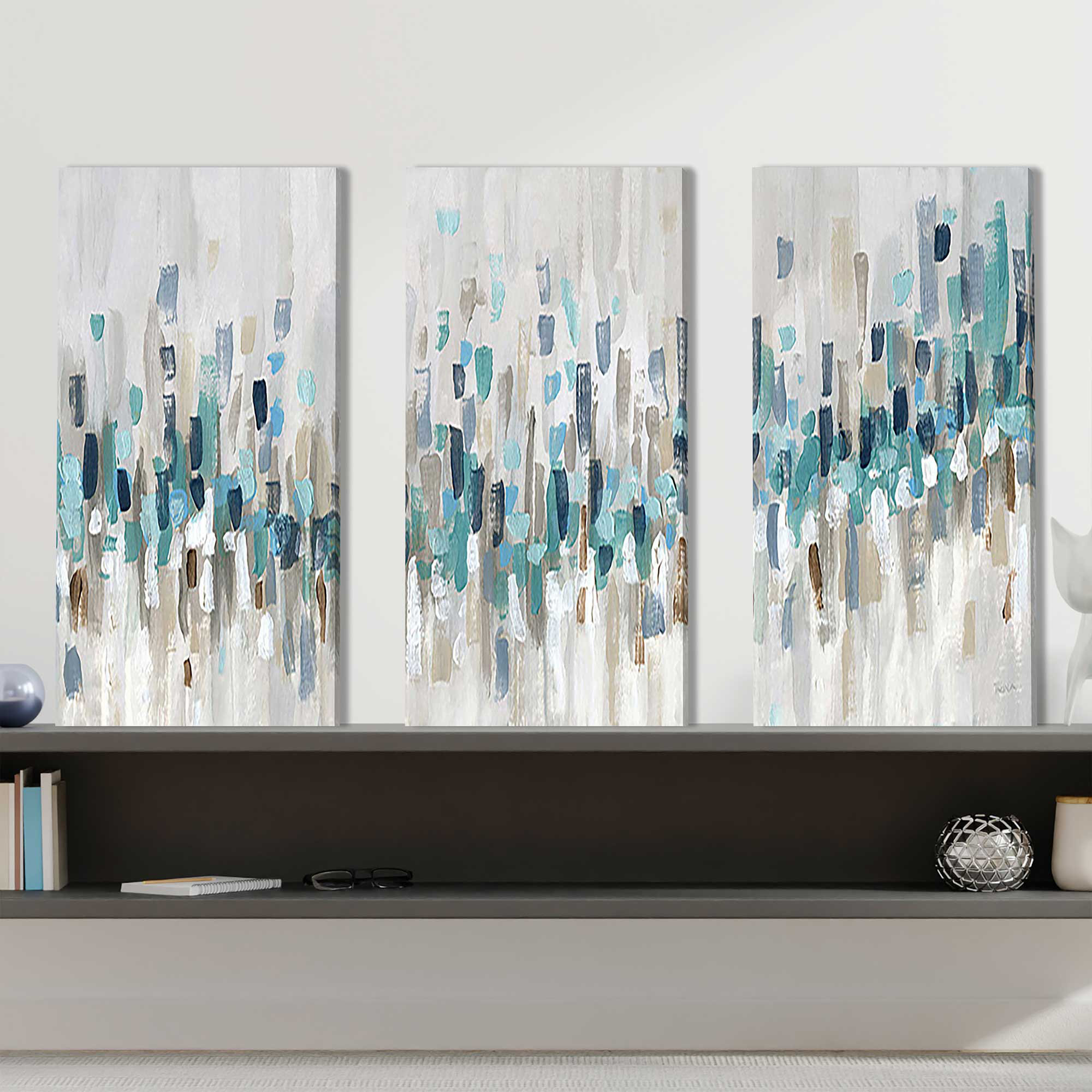 Ebern Designs Blue Staccato On Canvas 3 Pieces Painting | Wayfair