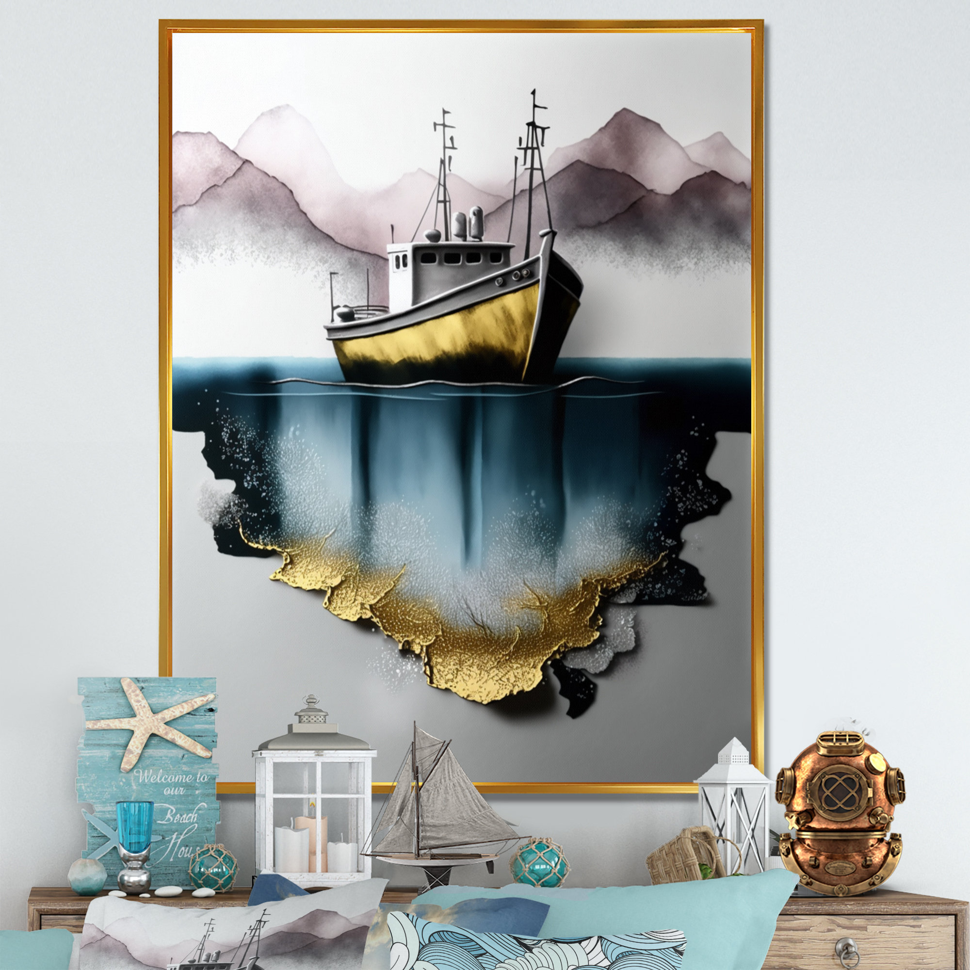Breakwater Bay Gold Modern Fishing Boat I On Canvas Print | Wayfair