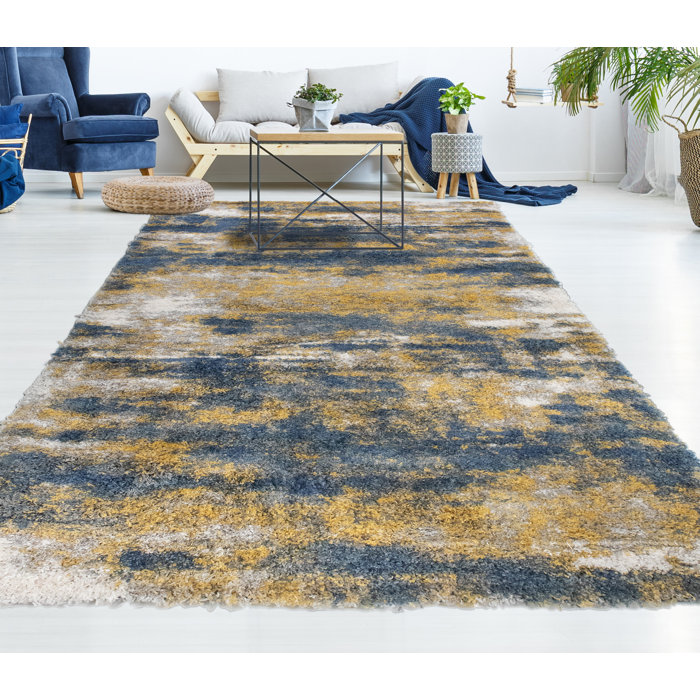 17 Stories Alban Performance Blue/Gold Rug & Reviews | Wayfair