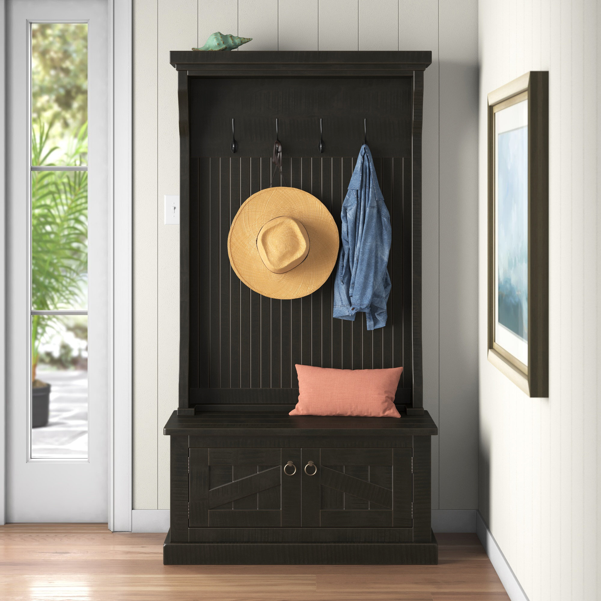 Longshore Tides Kinley 37.5'' Wide Solid Wood Hall Tree with Bench and ...