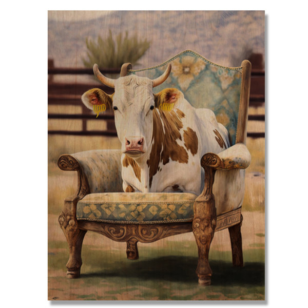Trinx Iademarco Cow Sitting On Lounge Chair I - Unframed Print on Wood ...