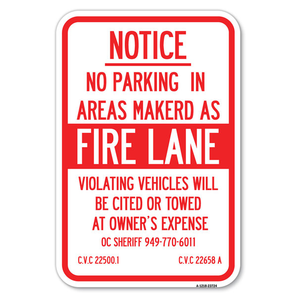 SignMission No Parking In Areas Marked As Fire Lane, CVC Section 22500. ...