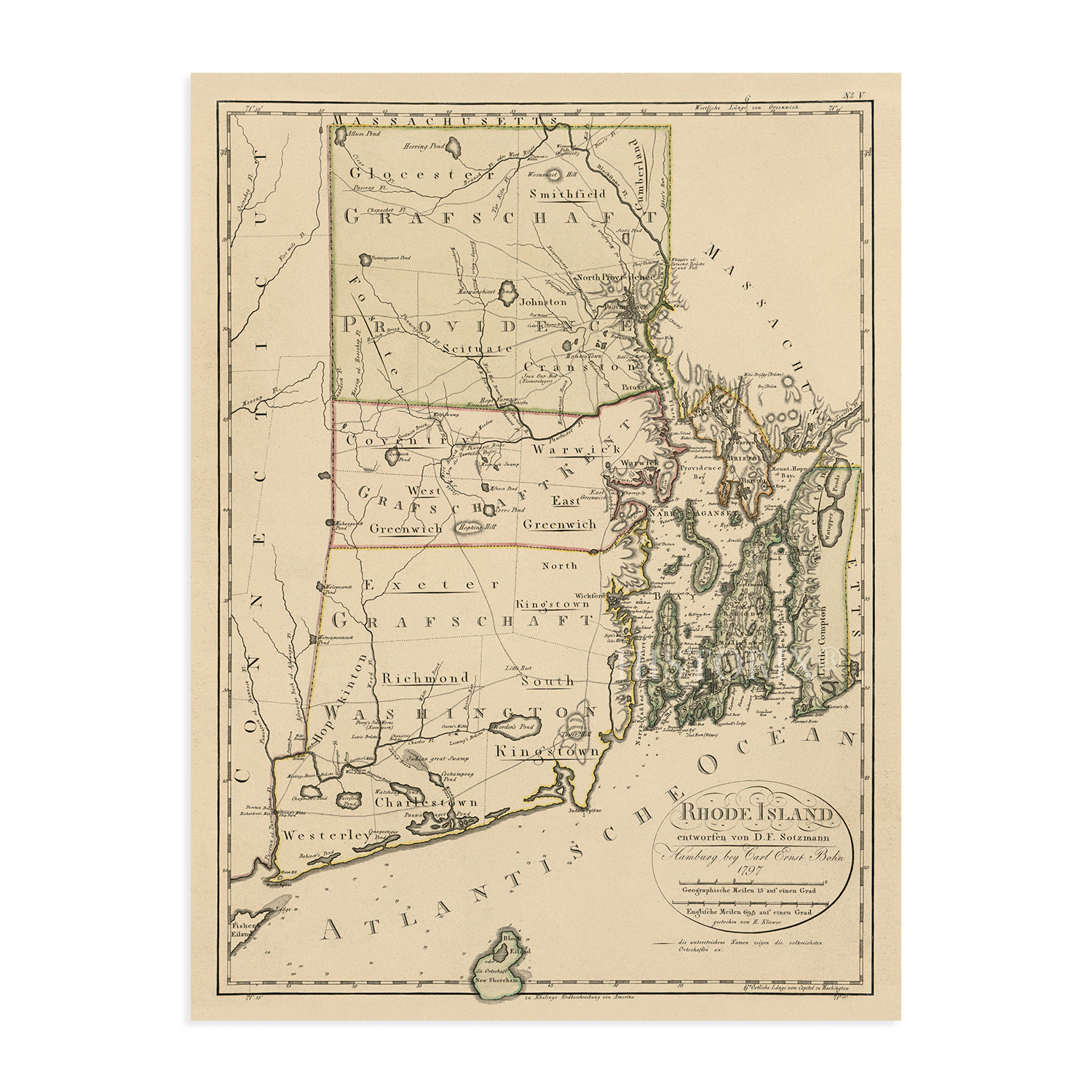 HISTORIC PRINTS Vintage 1797 Rhode Island Map - Unframed Print | Wayfair