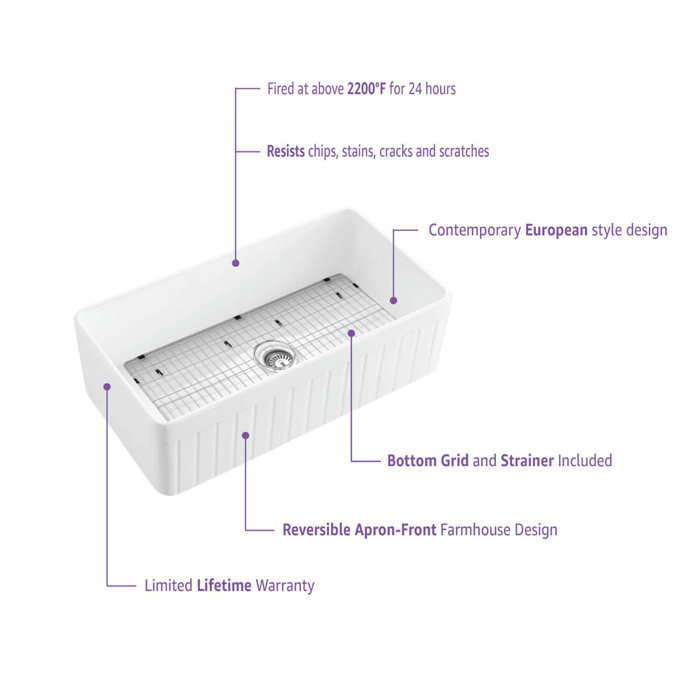 KIBI USA Pillar 33" W Single Bowl Fireclay Farmhouse Kitchen Sink ...