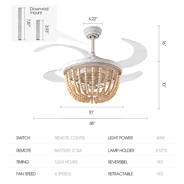 Dakota Fields Callandra 48 inch Farmhouse Boho Retractable Ceiling Fan ...
