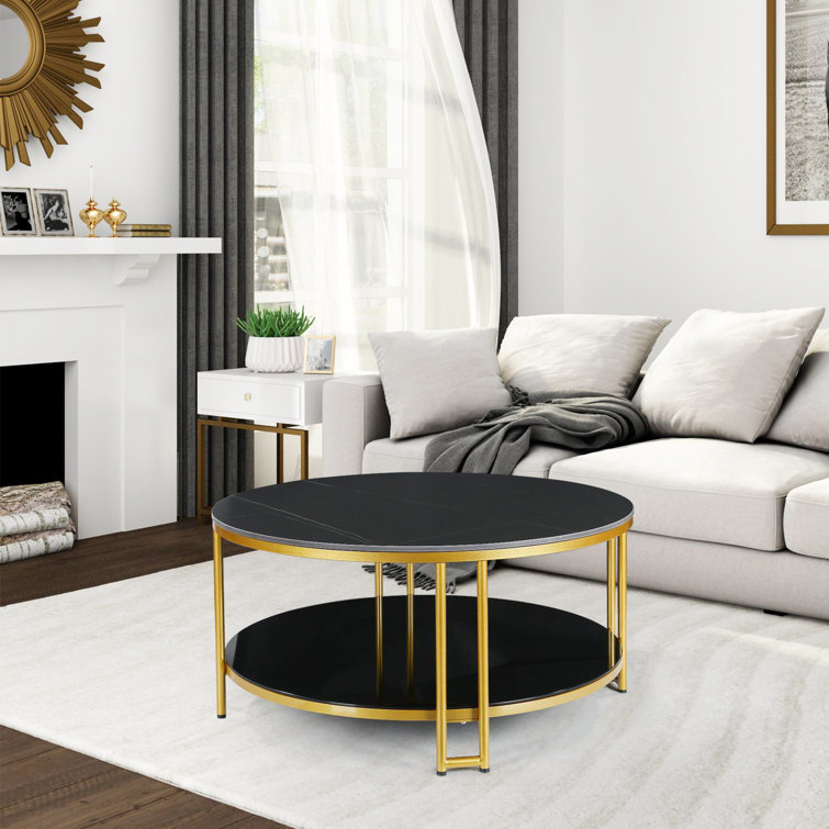 Everly Quinn Modern Black Round Coffee Table With Sintered Stone ...