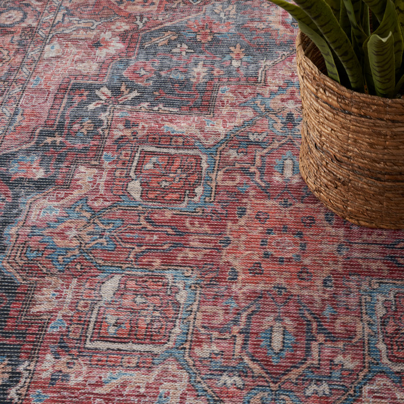 Nicole Curtis Machine Washable Oriental Blue/Brick Red Area Rug ...