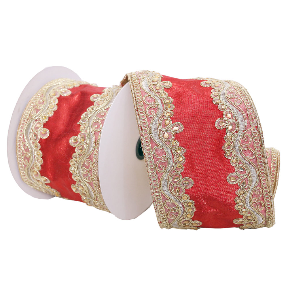 Rosdorf Park Gold Embroidery Wired Edge Christmas Ribbon | Wayfair