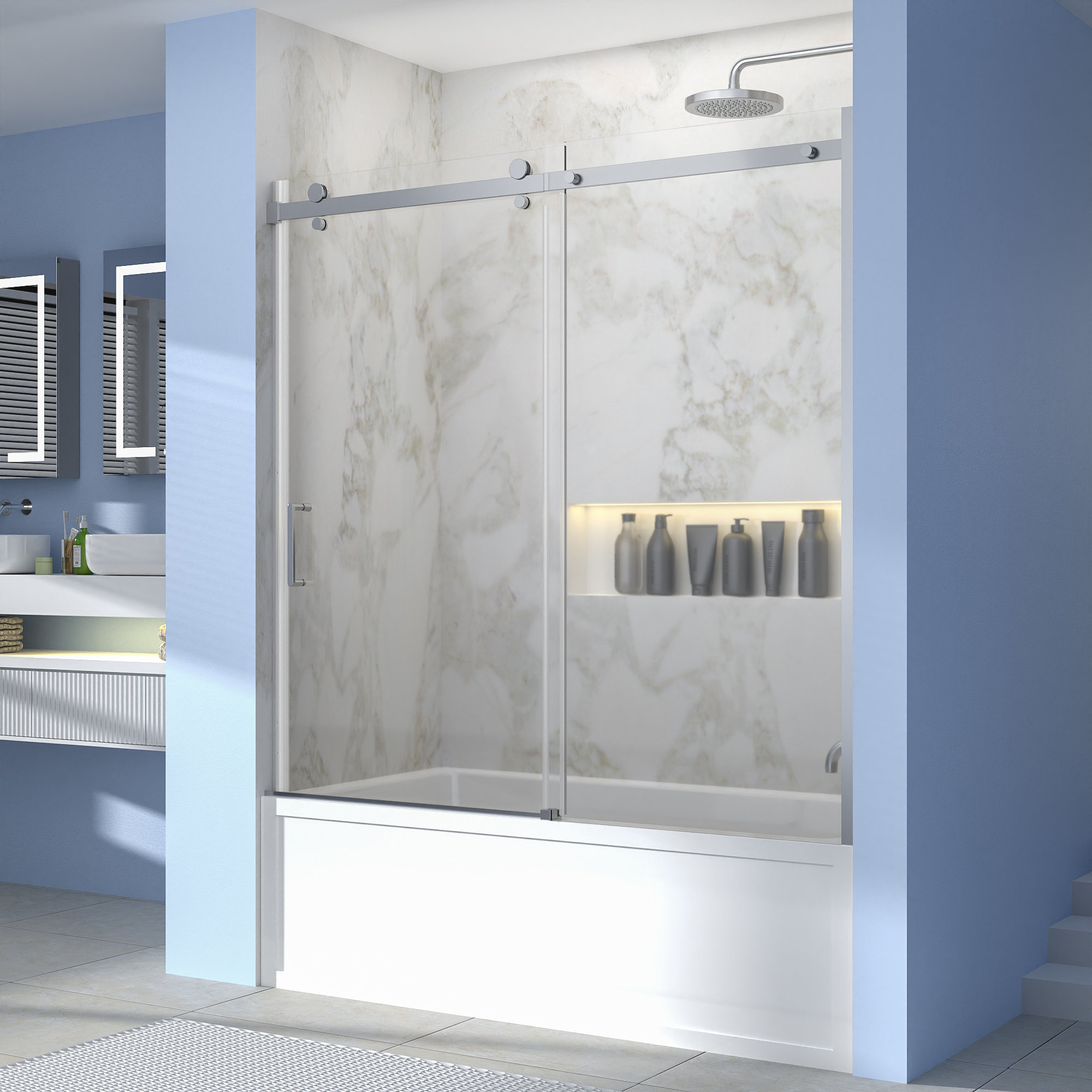 ExBrite 56'' - 60'' W x 58'' H Single Sliding Frameless Tub Door with Clear Glass & Reviews ...