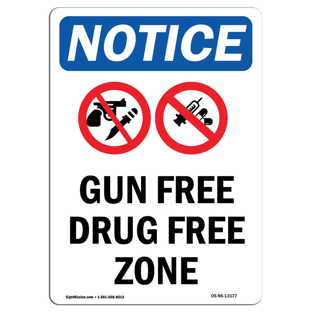SignMission OSHA Notice - Gun Free Drug Free Zone Sign With Symbol ...