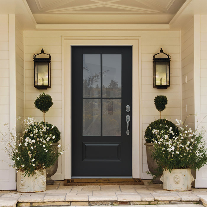 JELD-WEN 36 in. x 80 in. 4-Lite Clear Glass Black Painted Fiberglass ...