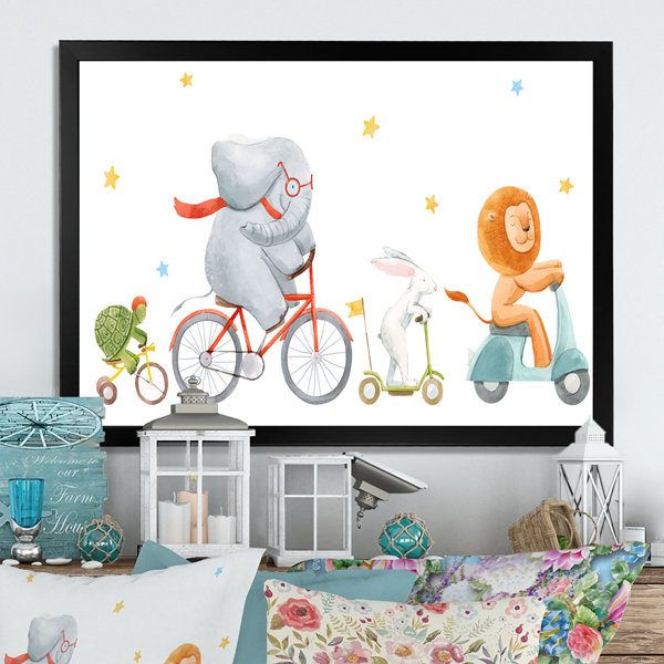 Zoomie Kids Cute Animals On Bicycle On Canvas Painting | Wayfair