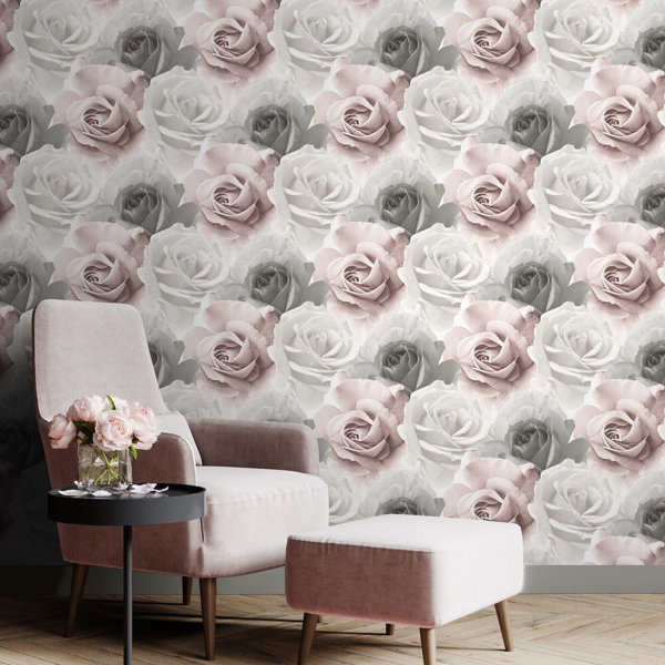 Rosdorf Park Pink Grey White Floral Rose Bloom Flower Wall Mural ...