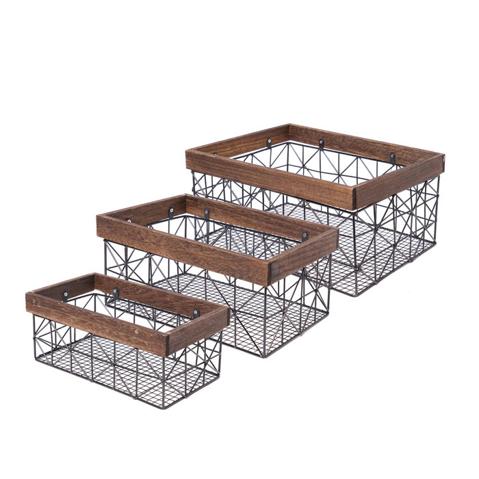 Williston Forge Contemporary 3 of Pieces Metal and Wood Basket Set ...