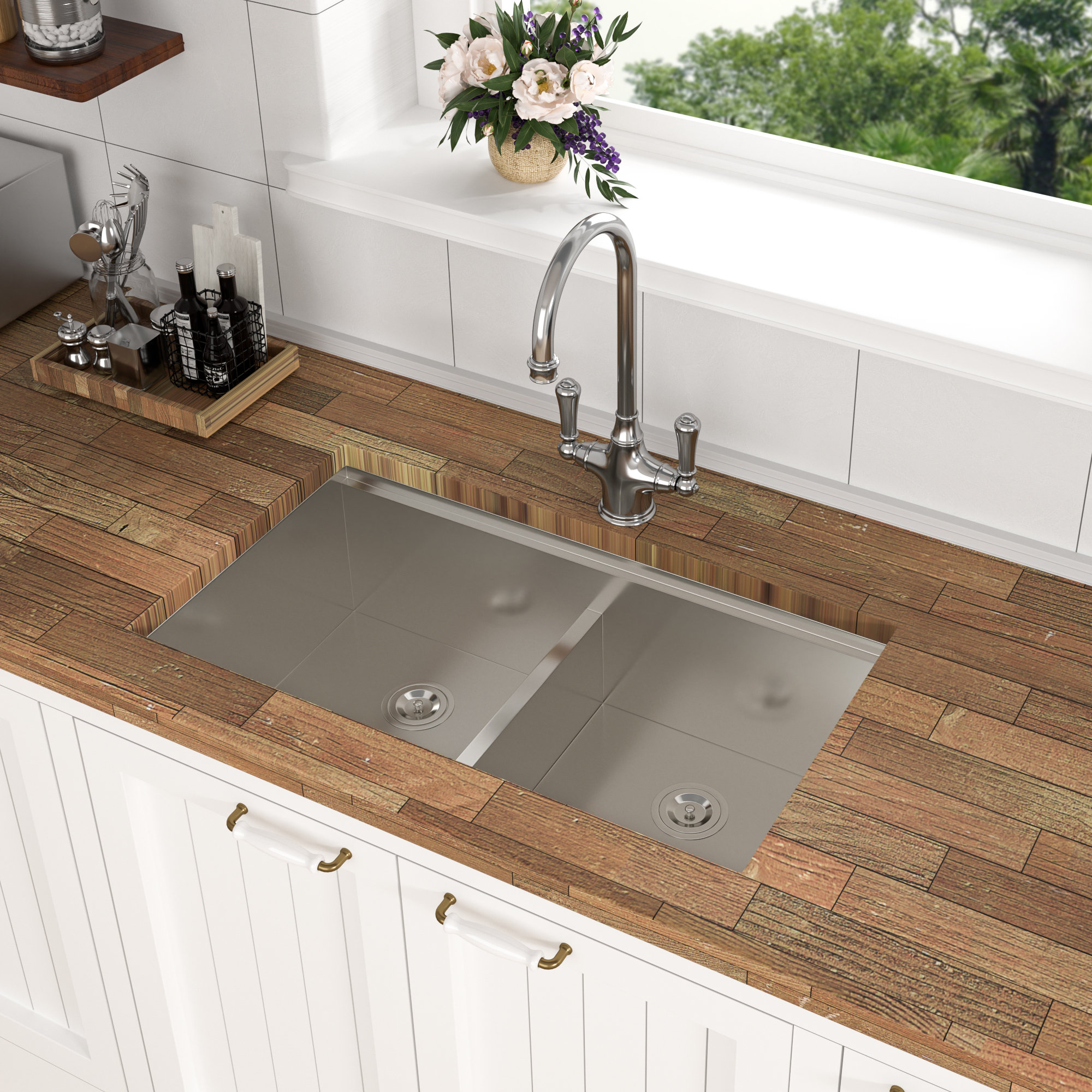 Sougem 33" L x 19" W Undermount Kitchen Sink with Sink Grid and Drain ...