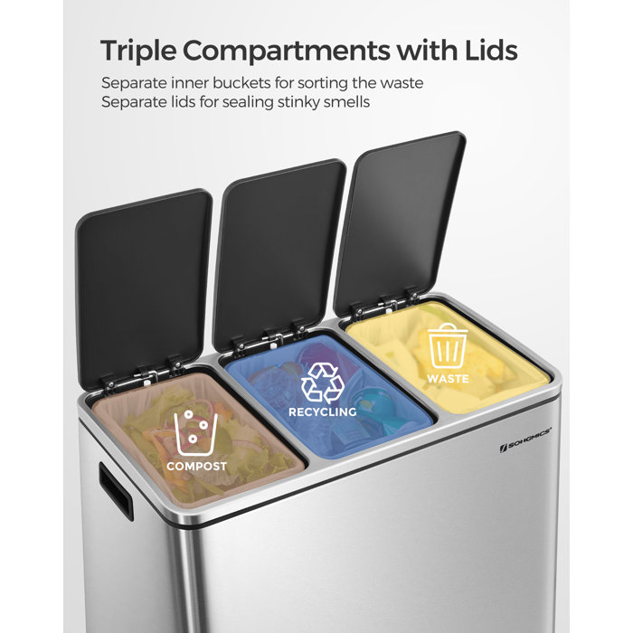 Songmics Steel 54 Litre Step On Multi-Compartments Trash & Recycling ...