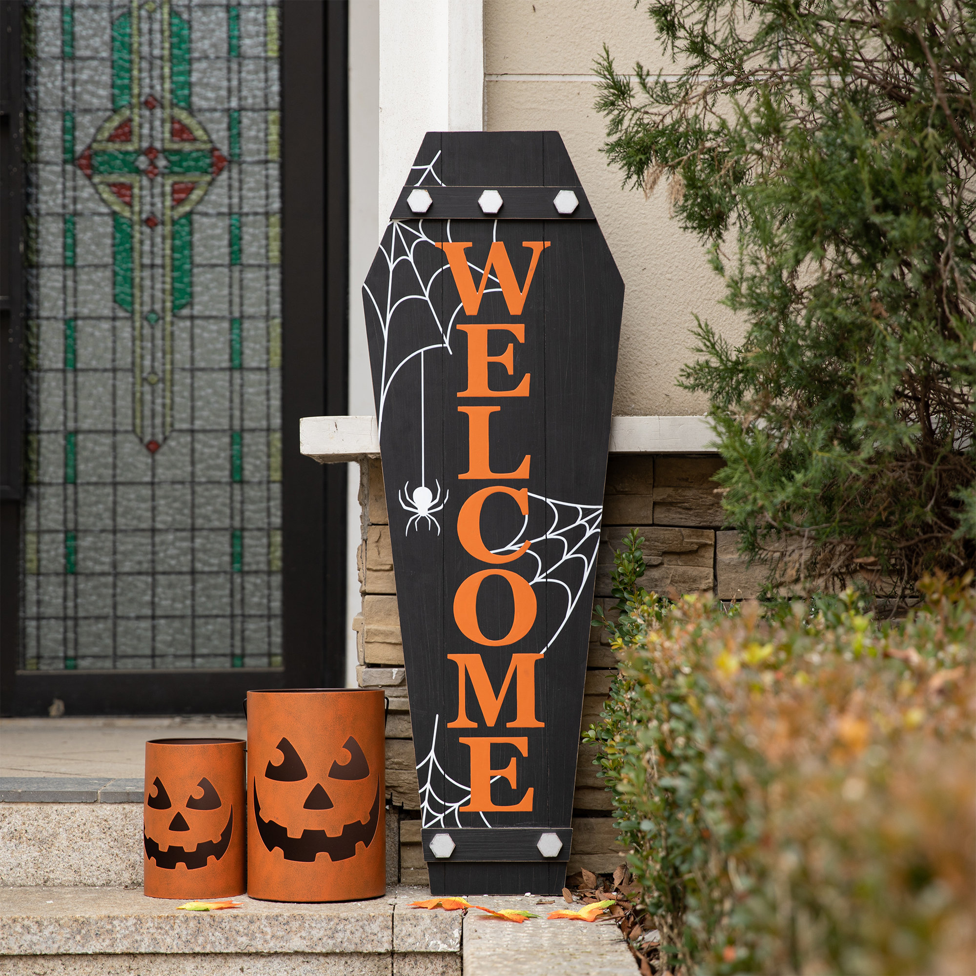 The Holiday Aisle® Boyka Wooden Welcome Coffin Porch Sign | Wayfair