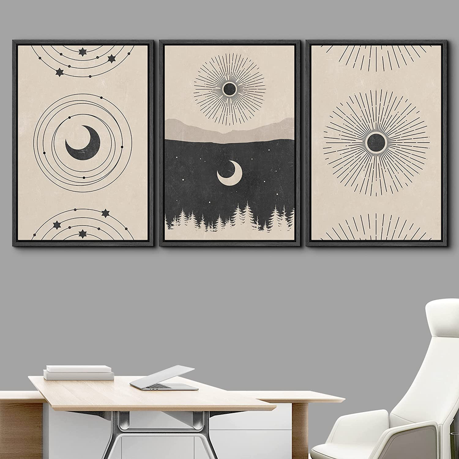 IDEA4WALL Framed Canvas Print Wall Art Set Crescent Moon Shining Sun ...