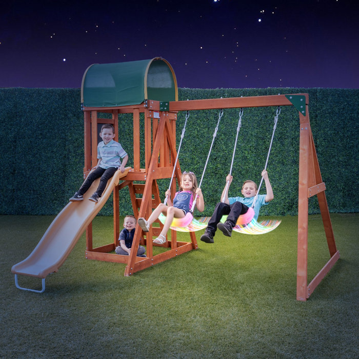 The Swing Company North Star Wooden Swing Set with Slide and LED Light ...
