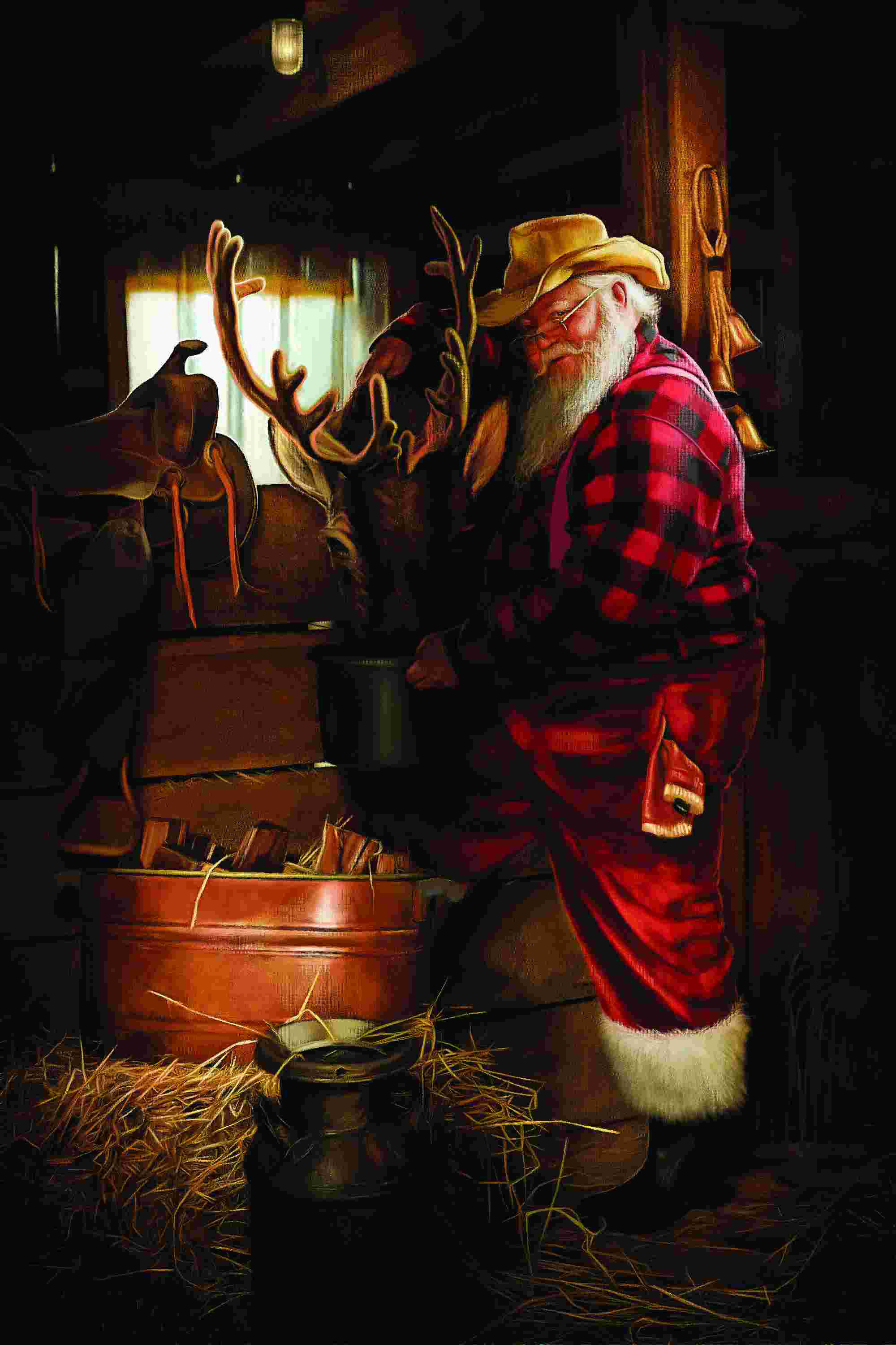 Trinx Santa Barn Reindeer - Wrapped Canvas Painting | Wayfair