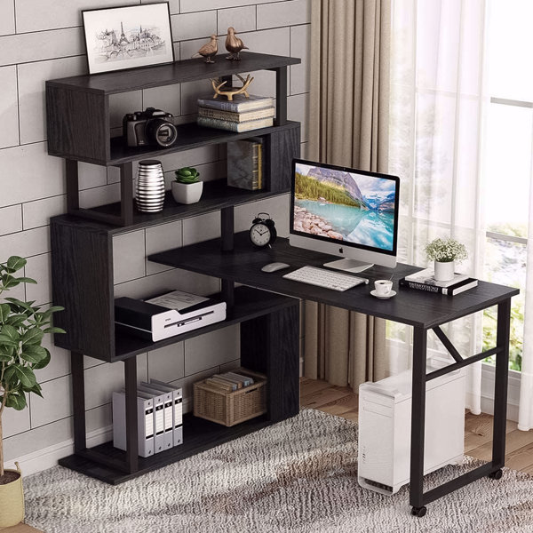 17 Stories Rotating Computer Desk With Bookshelf, L-Shaped Corner ...