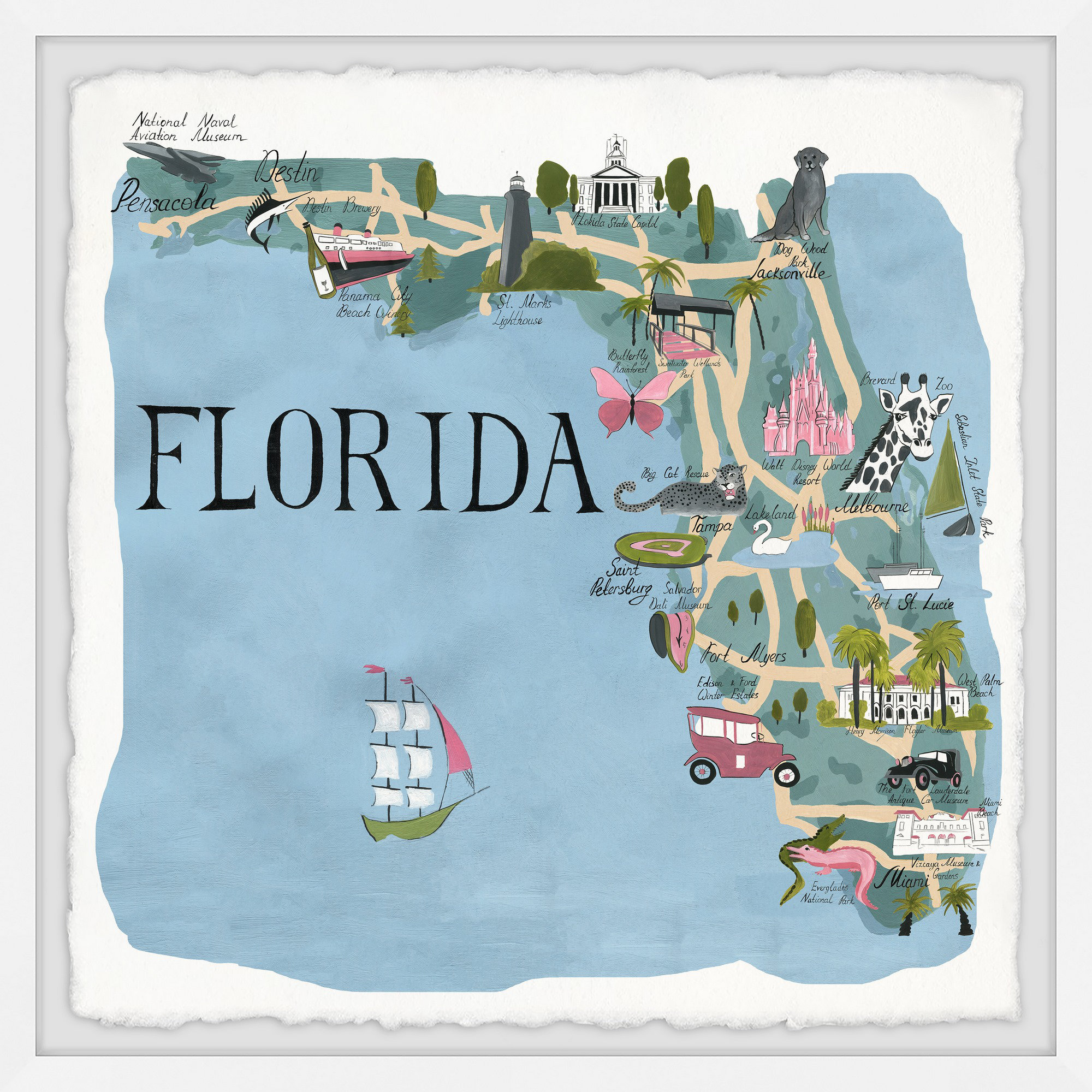 Trinx Illustrated Map Of Florida by Marmont Hill - Picture Frame Print ...