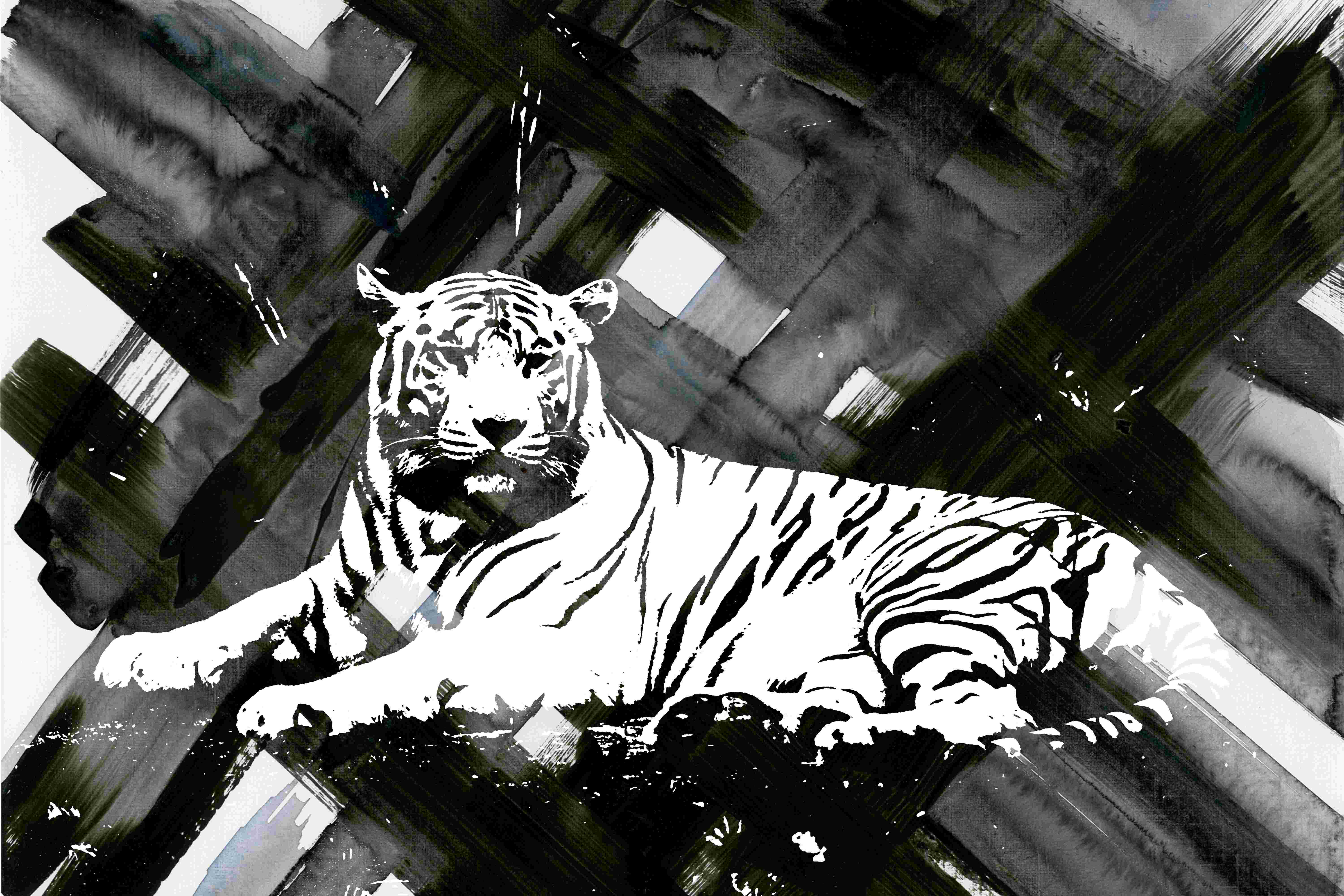 Ebern Designs Black White Tiger Ink Painting - Wrapped Canvas Print ...
