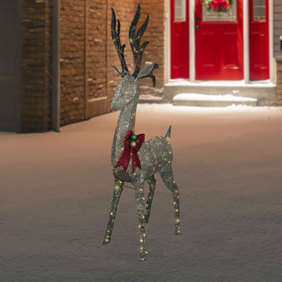 Northlight 74" LED Lighted Champagne Deer With Red Bow Outdoor ...
