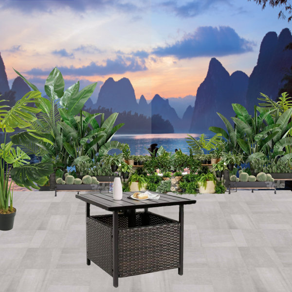 Ebern Designs Outdoor Wicker Umbrella Side Table Terrace Rattan Frame ...