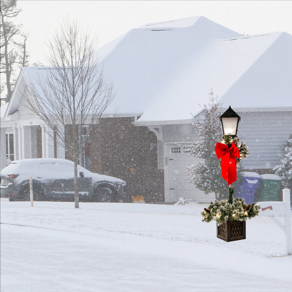 The Holiday Aisle® Lamp Post with Pine Berries and Red Bow Lighted ...
