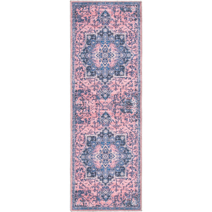 Bungalow Rose Mcelhannon Performance Pink/Navy Machine Washable Rug ...