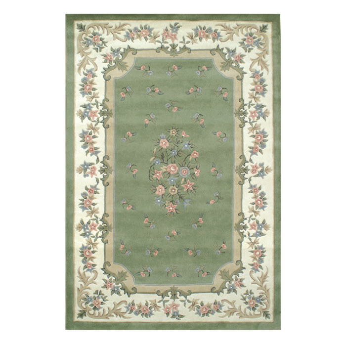 American Home Rug Co. Floral Handmade Tufted Wool Sage/Ivory Rug | Wayfair