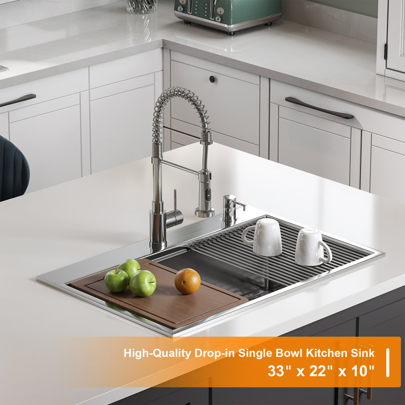 HOROW Gideon 33" L x 22'' W Single Bowl Stainless Steel Kitchen Sink ...
