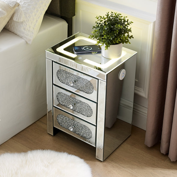 Mercer41 Granstrand 3-Drawer Mirrored Nightstand with Wireless Charging ...