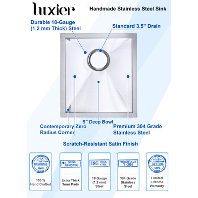 Luxier 16'' W Single Bowl Stainless Steel Undermount Kitchen Sink ...