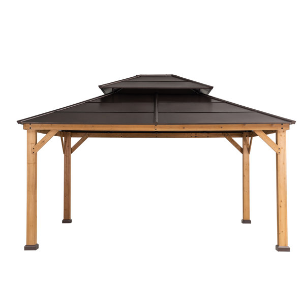 Sunjoy Pavillon de jardin à toit rigide en cèdre brun à 2 niveaux 13 pi ...