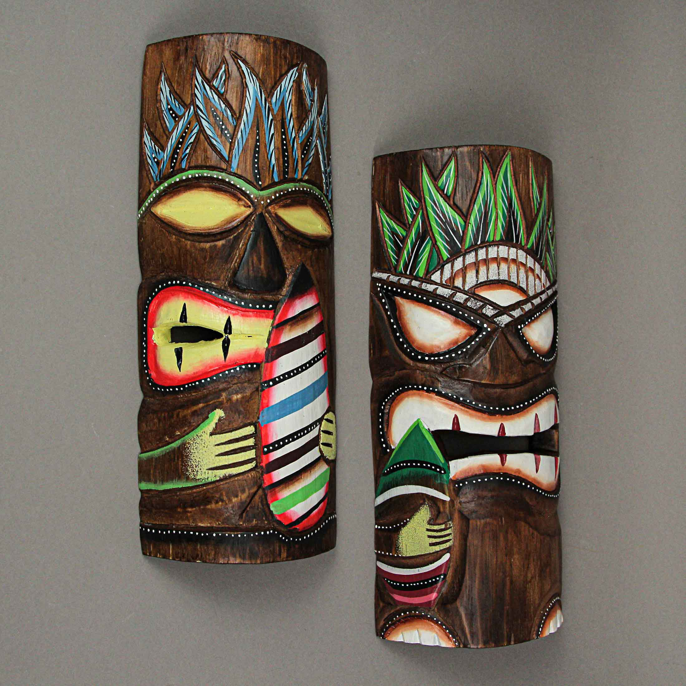 Bungalow Rose 12 Inch Hand Carved Wooden Surfer Tiki Masks Wall Hanging ...