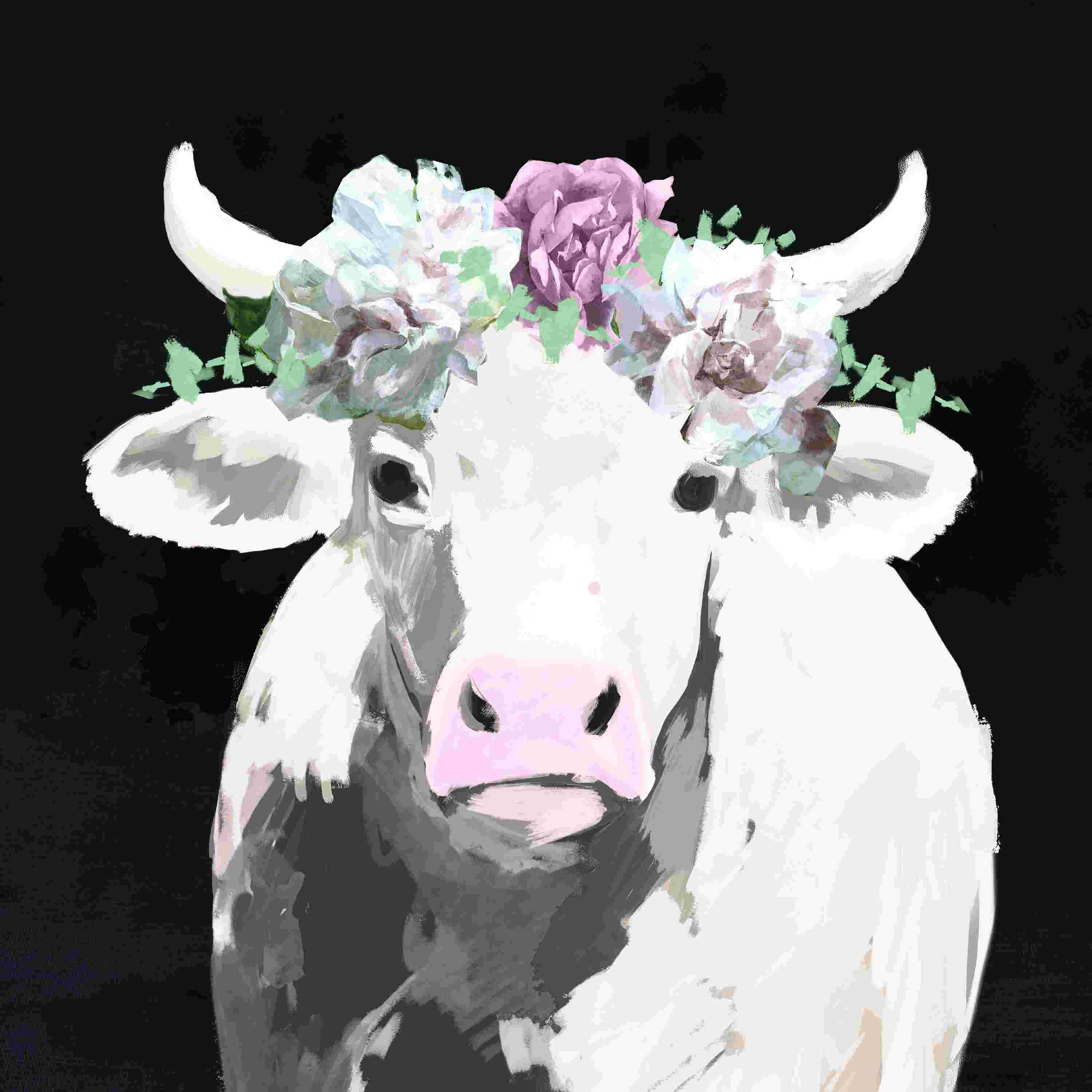 Gracie Oaks Floral Pink Cow - Wrapped Canvas Textual Art | Wayfair