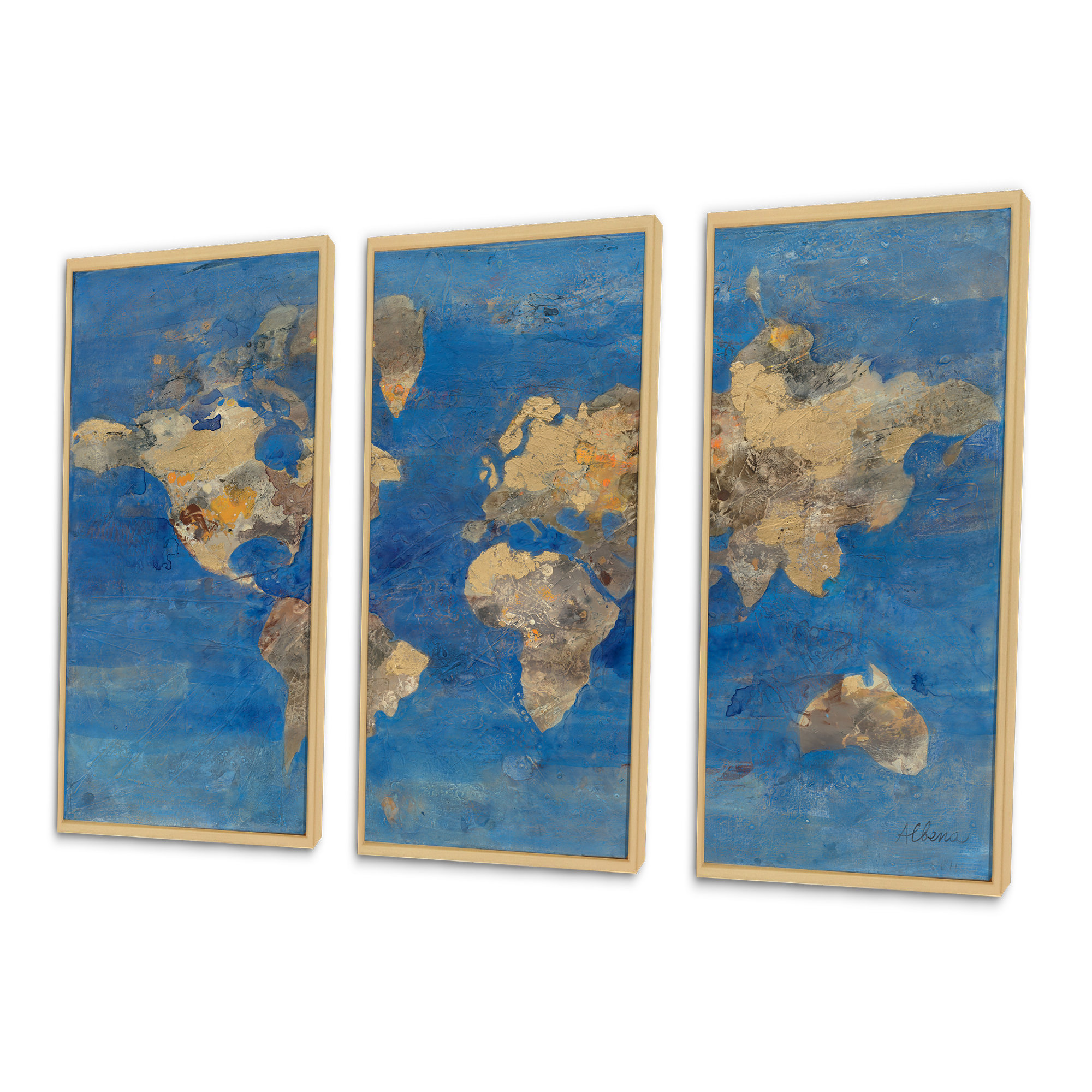 DesignArt Golden Blue World Map - 3 Piece Floater Frame Print on Canvas ...