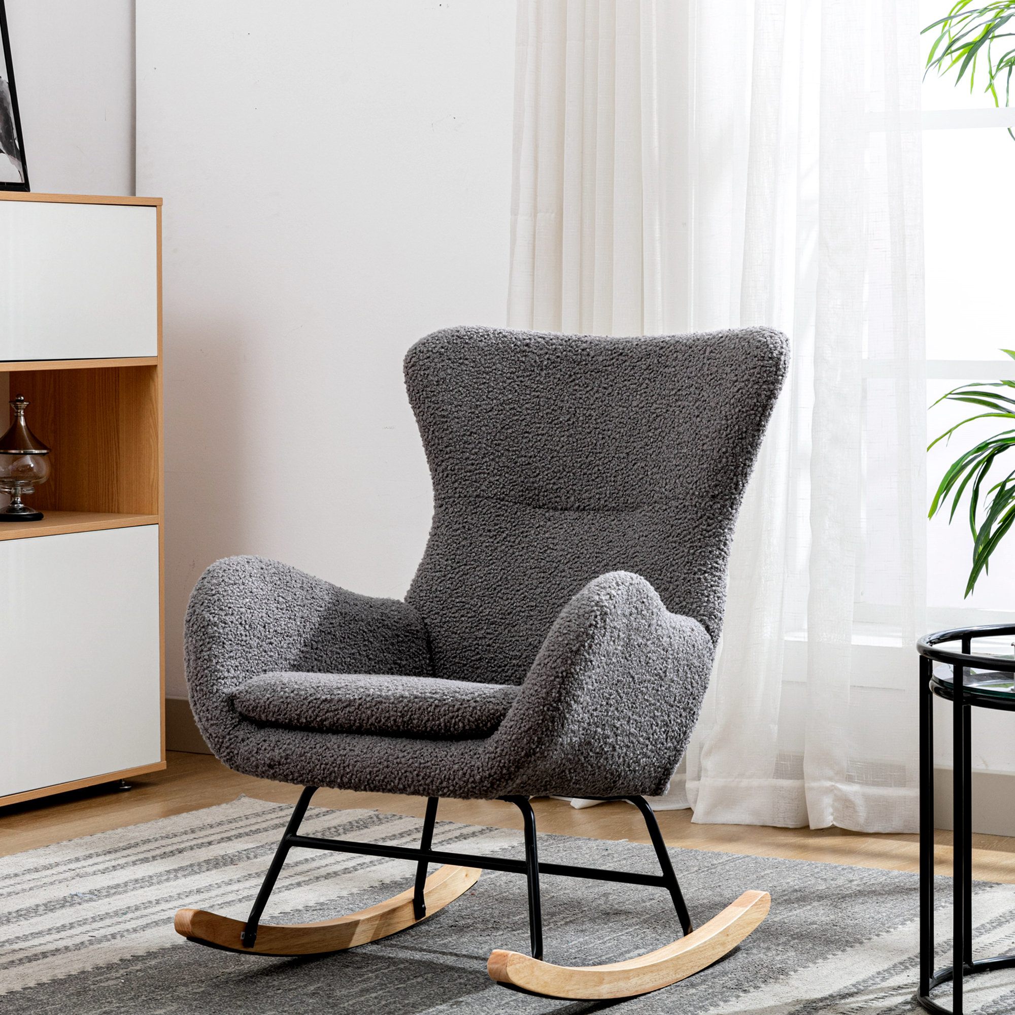 Corrigan Studio® Teddy Fabric Seat Rocking Chair With High Backrest And ... Corrigan Studio® Teddy Fabric Seat Rocking Chair With High Backrest And ...